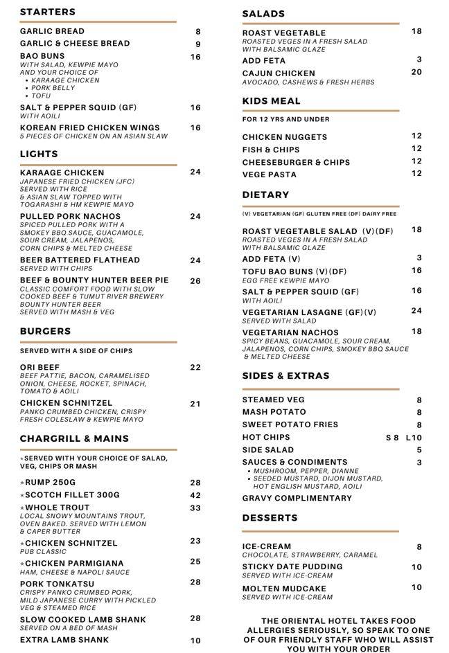 Menu at Oriental Hotel Tumut pub & bar, Tumut