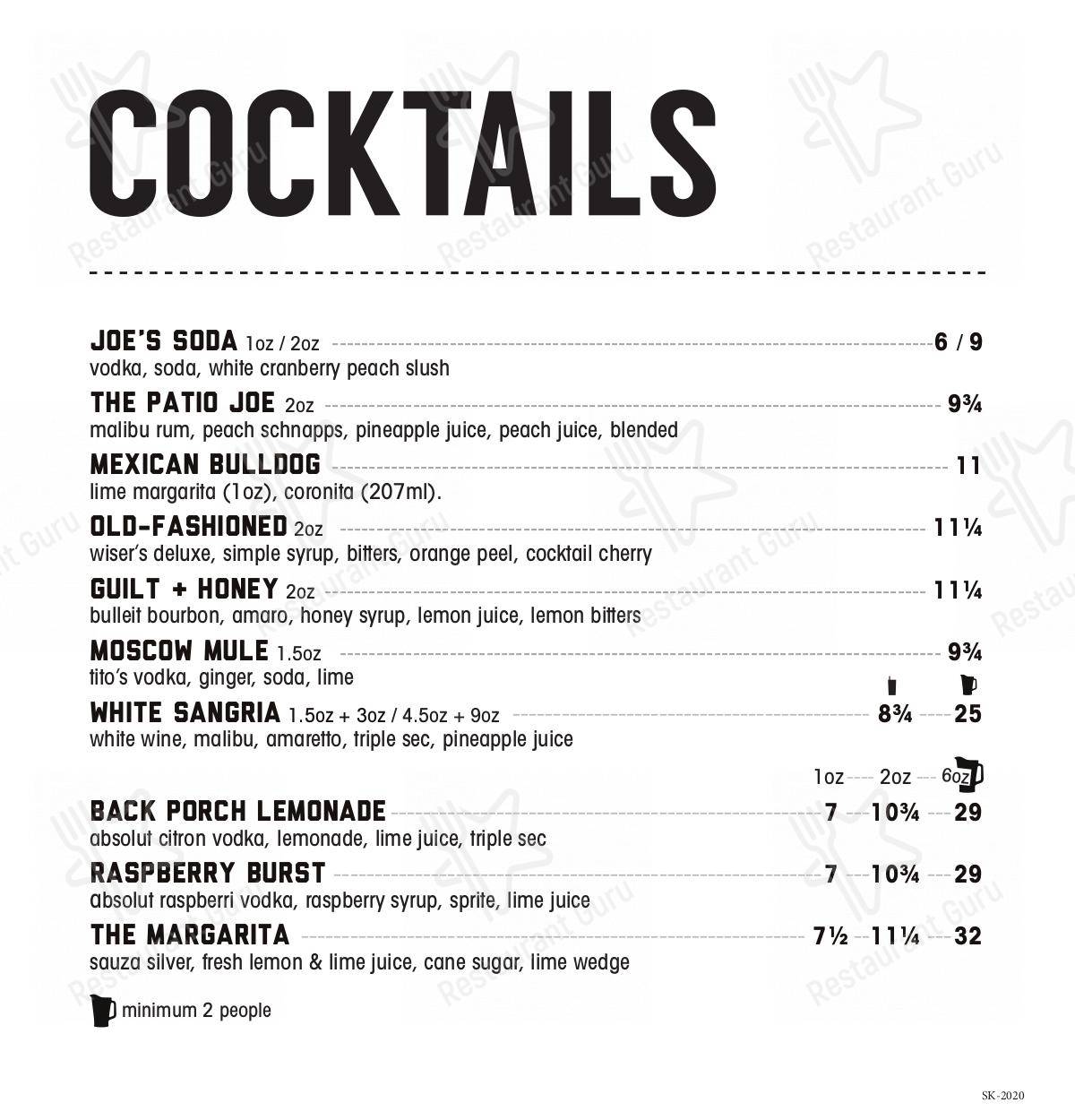 Menu at Original Joe's pub & bar, Swift Current