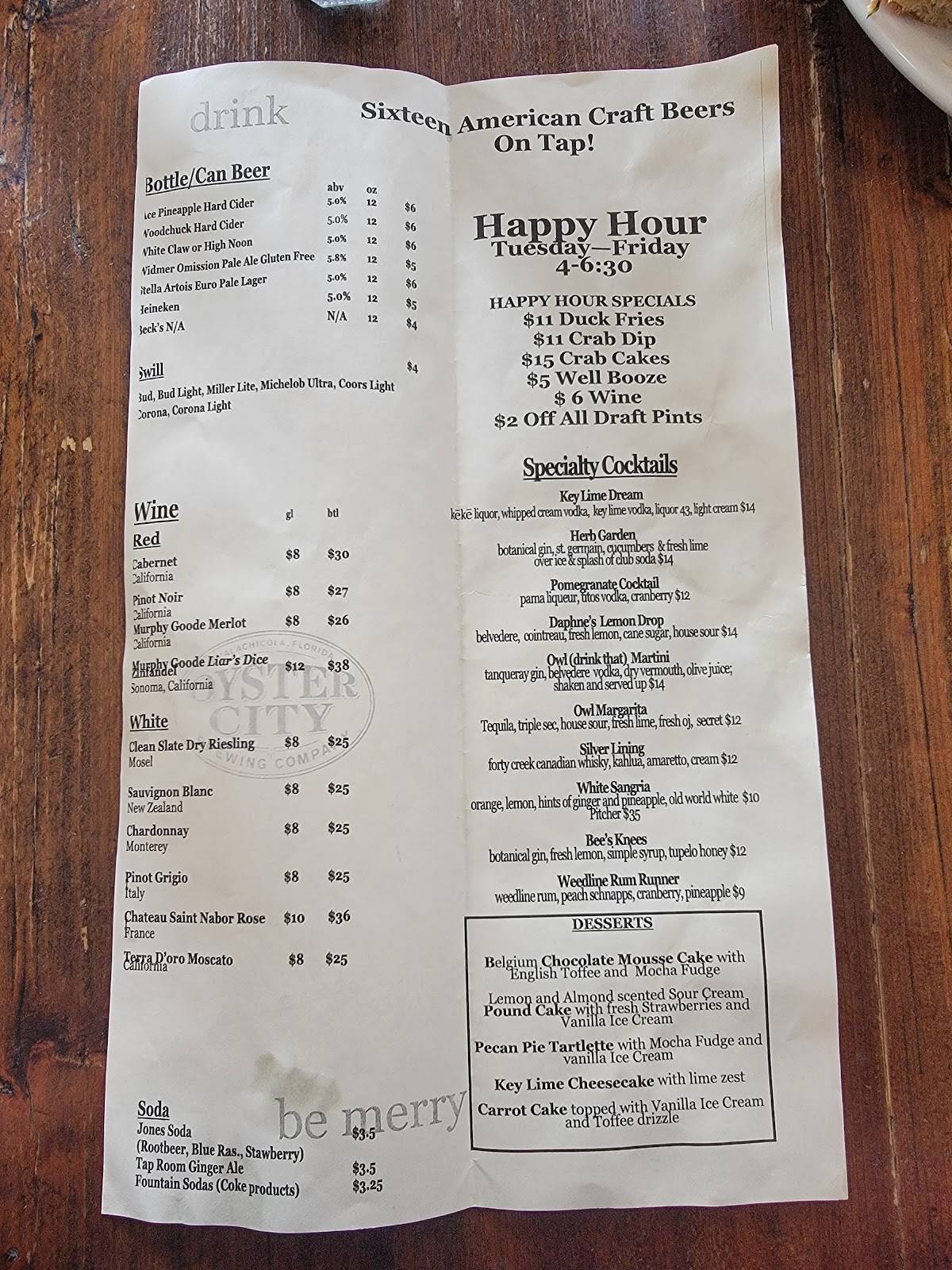 Menu at Owl Café pub & bar, Apalachicola