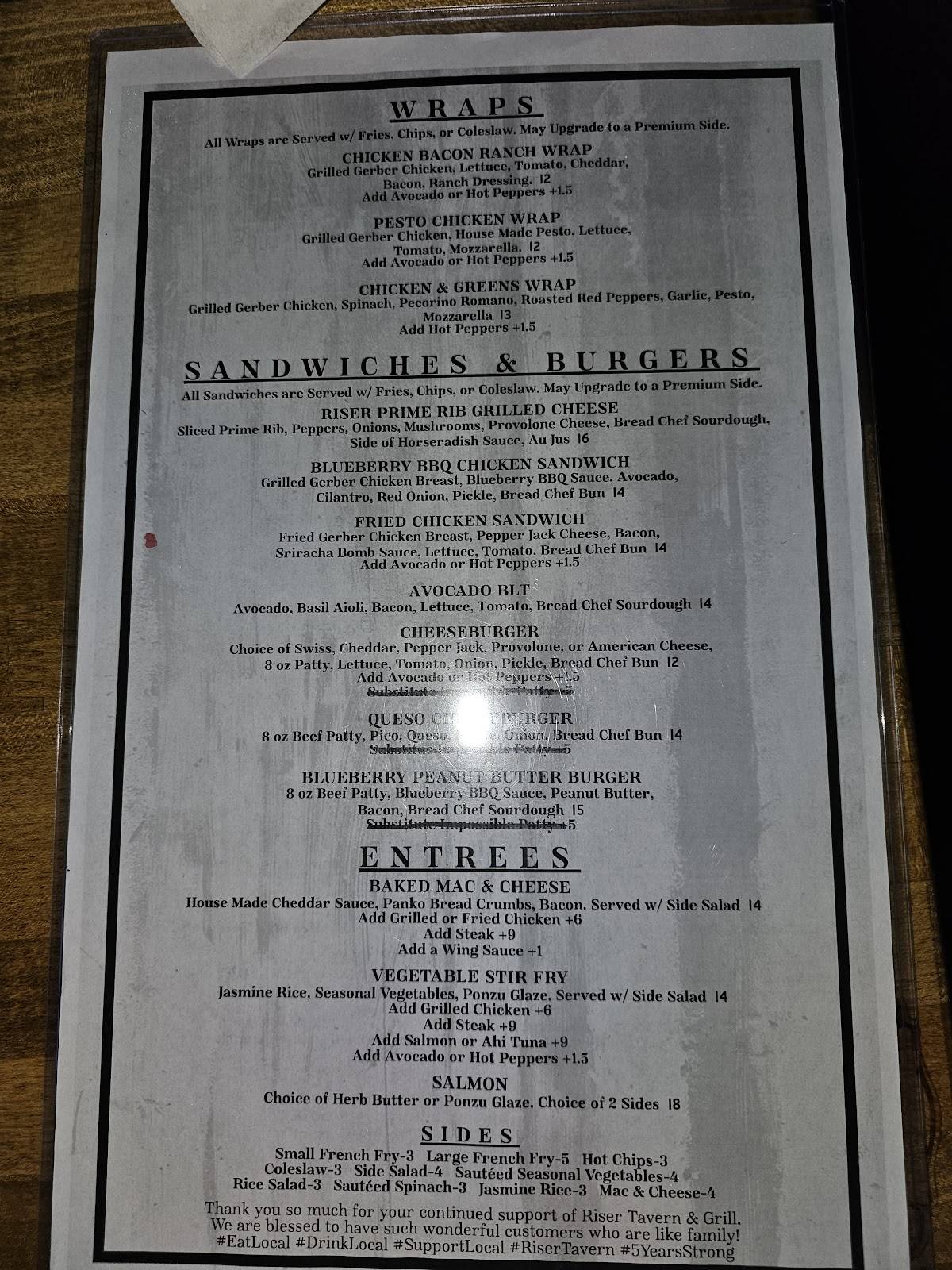 Menu at Riser Tavern & Grill pub & bar, Boardman