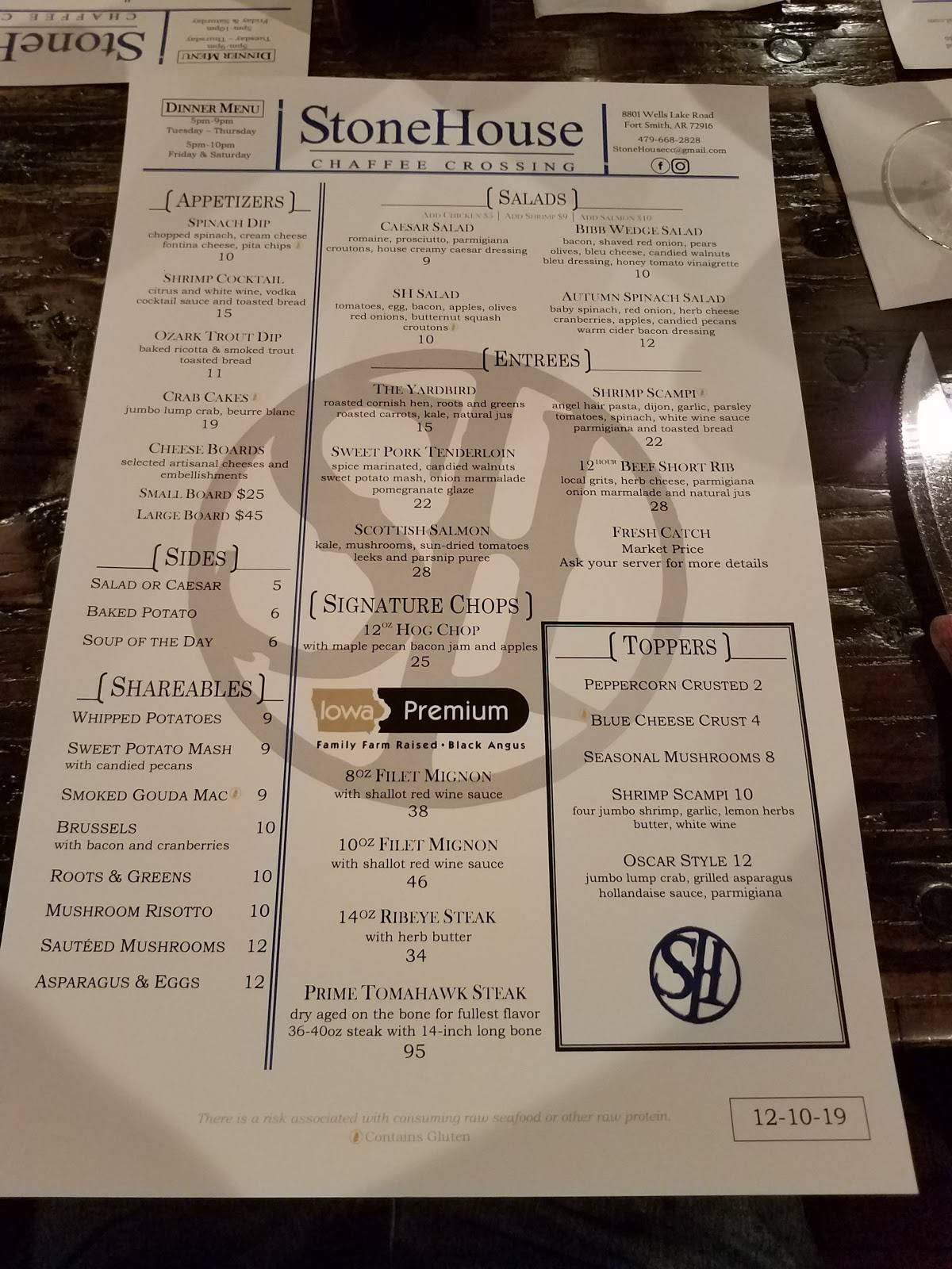 Menu at Stonehouse Chaffee Crossing pub & bar, Fort Smith, Wells Lake Rd