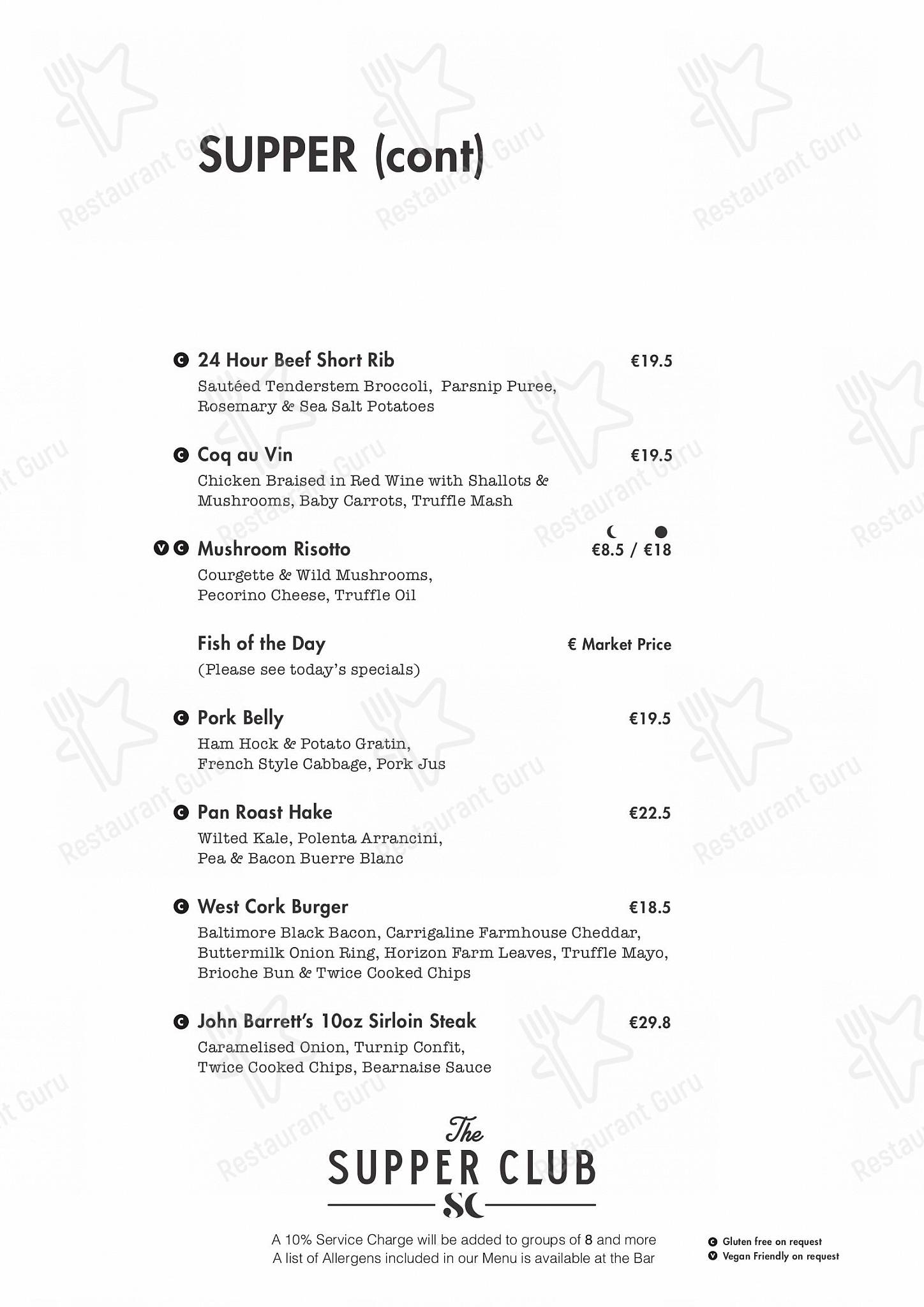 Menu at The Supper Club, Kinsale