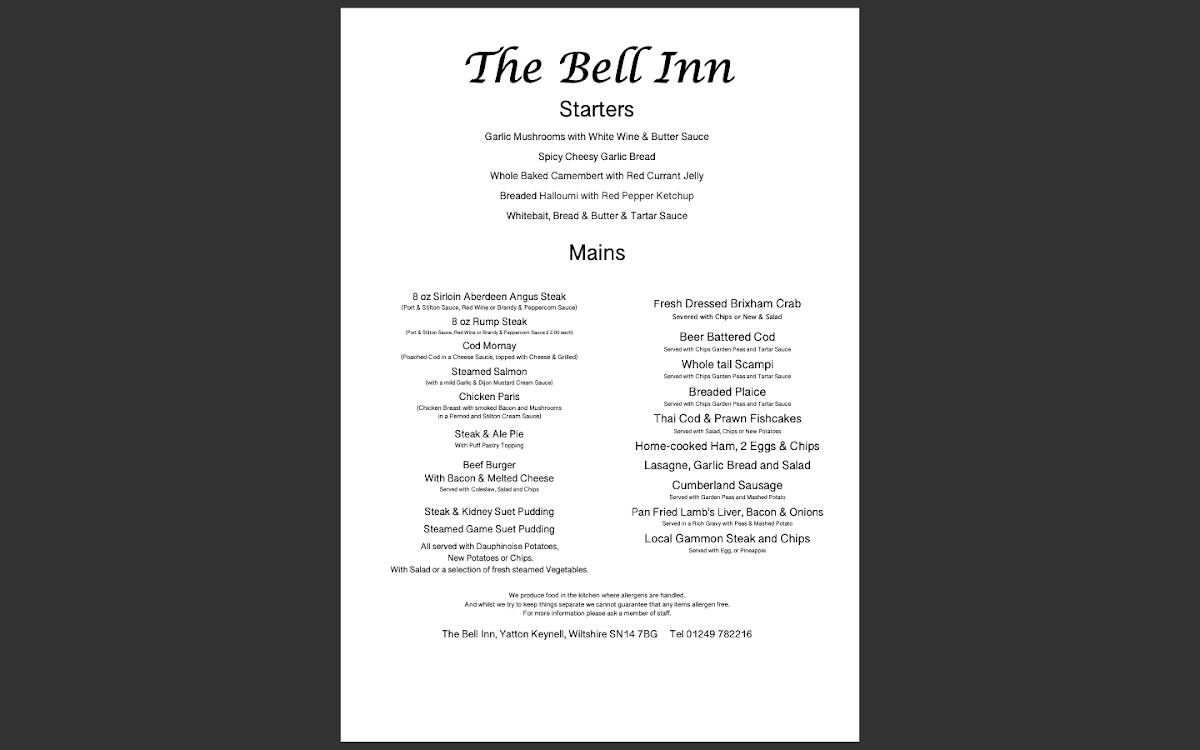 Menu at The Bell Inn pub & bar, Yatton Keynell, High Street