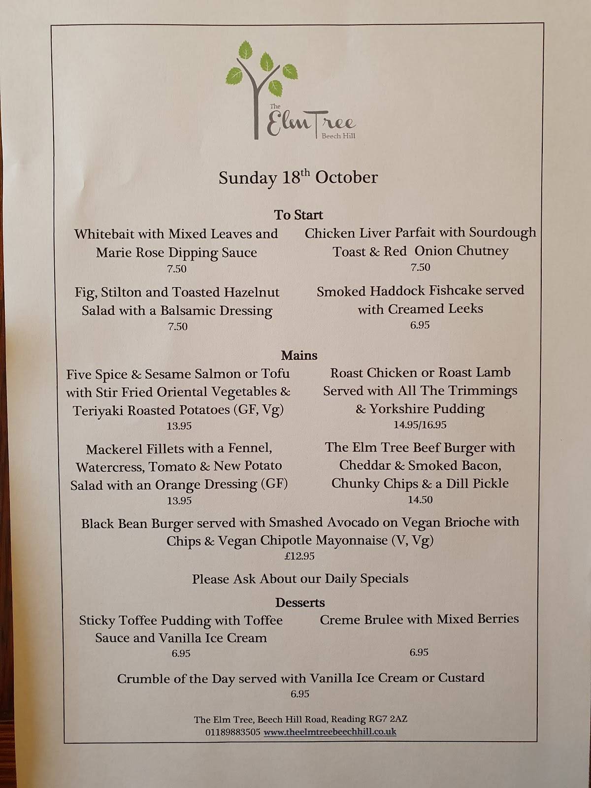 Menu at The Elm Tree pub & bar, Reading