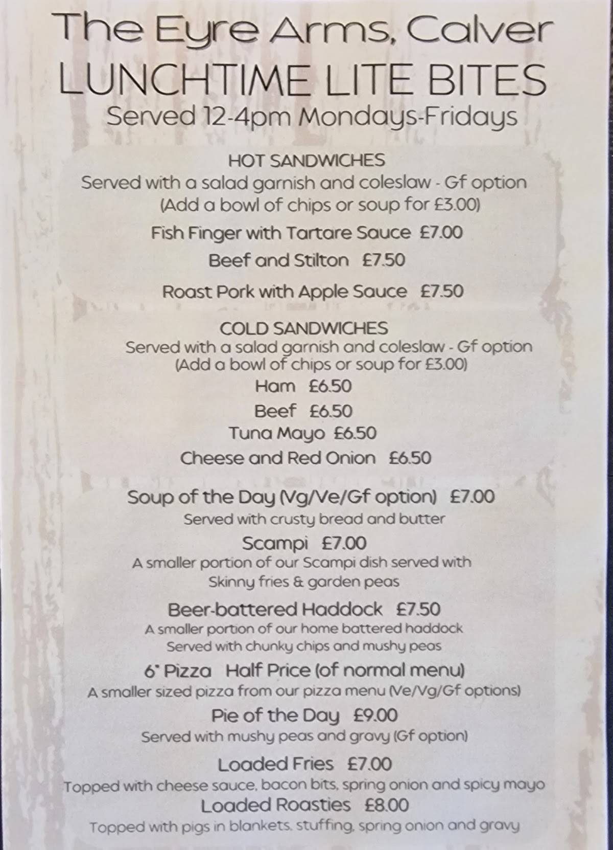 Menu at The Eyre Arms pub & bar, Eyam, Peak District National Park