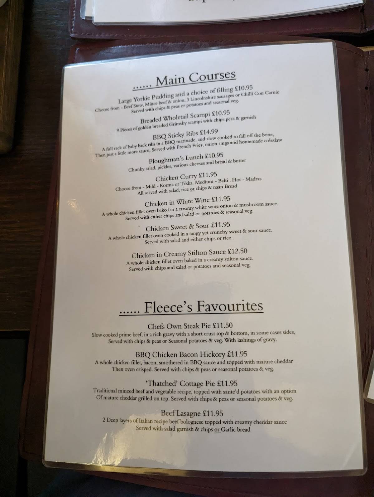 Menu at The Fleece Inn Burgh Le Marsh pub & bar, Burgh le Marsh