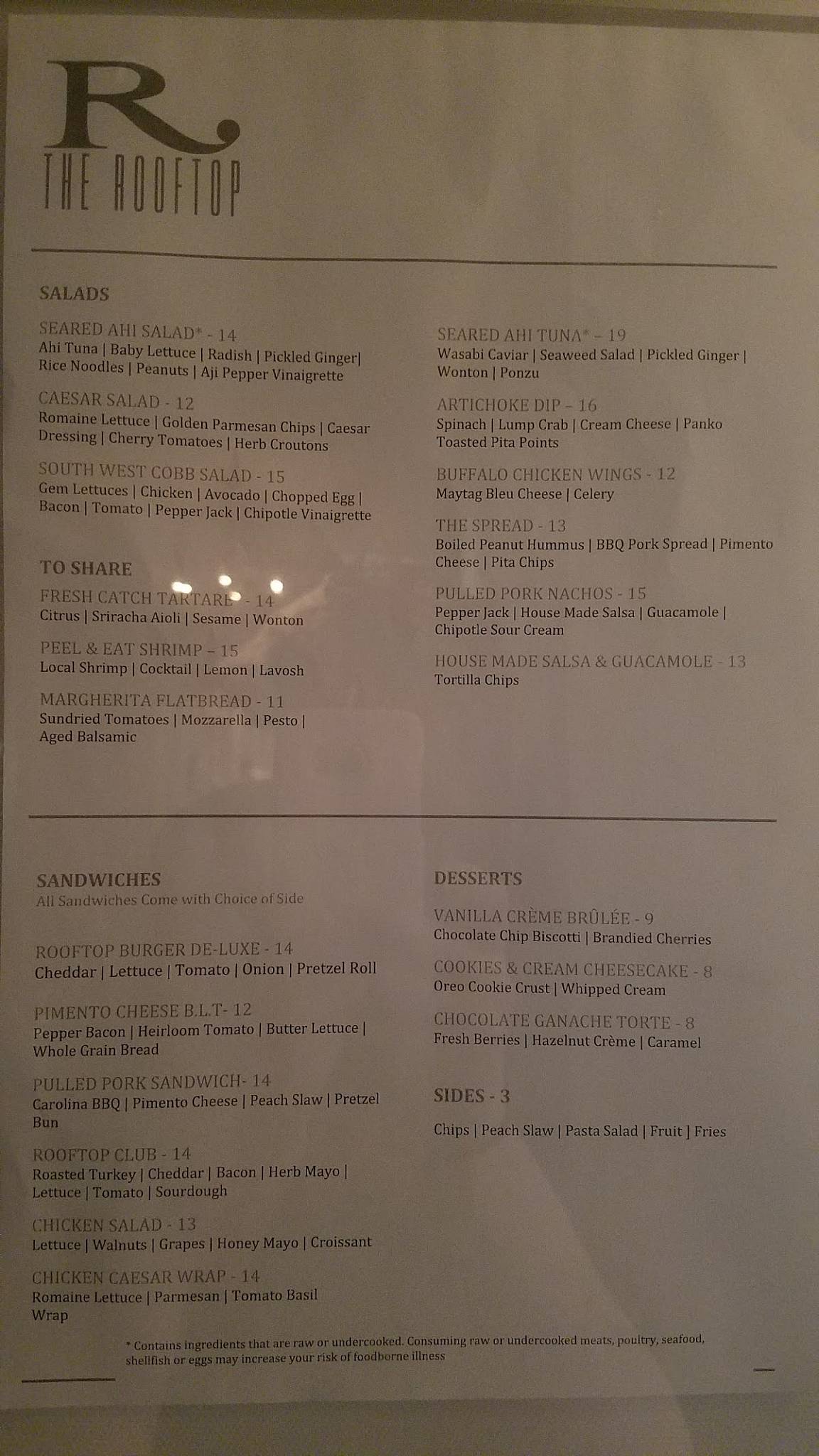 Menu at The Rooftop at the Vendue pub & bar, Charleston