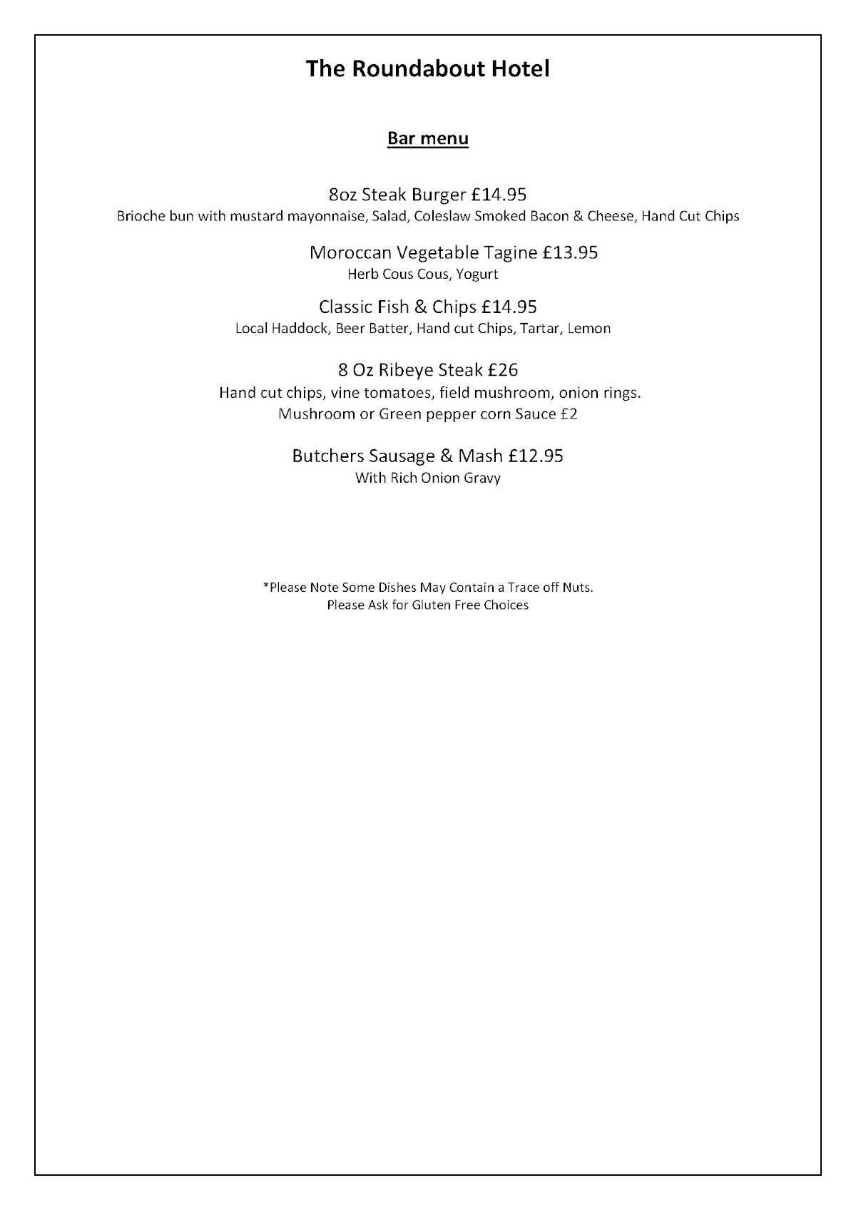 Menu at The Roundabout Hotel pub & bar, Storrington