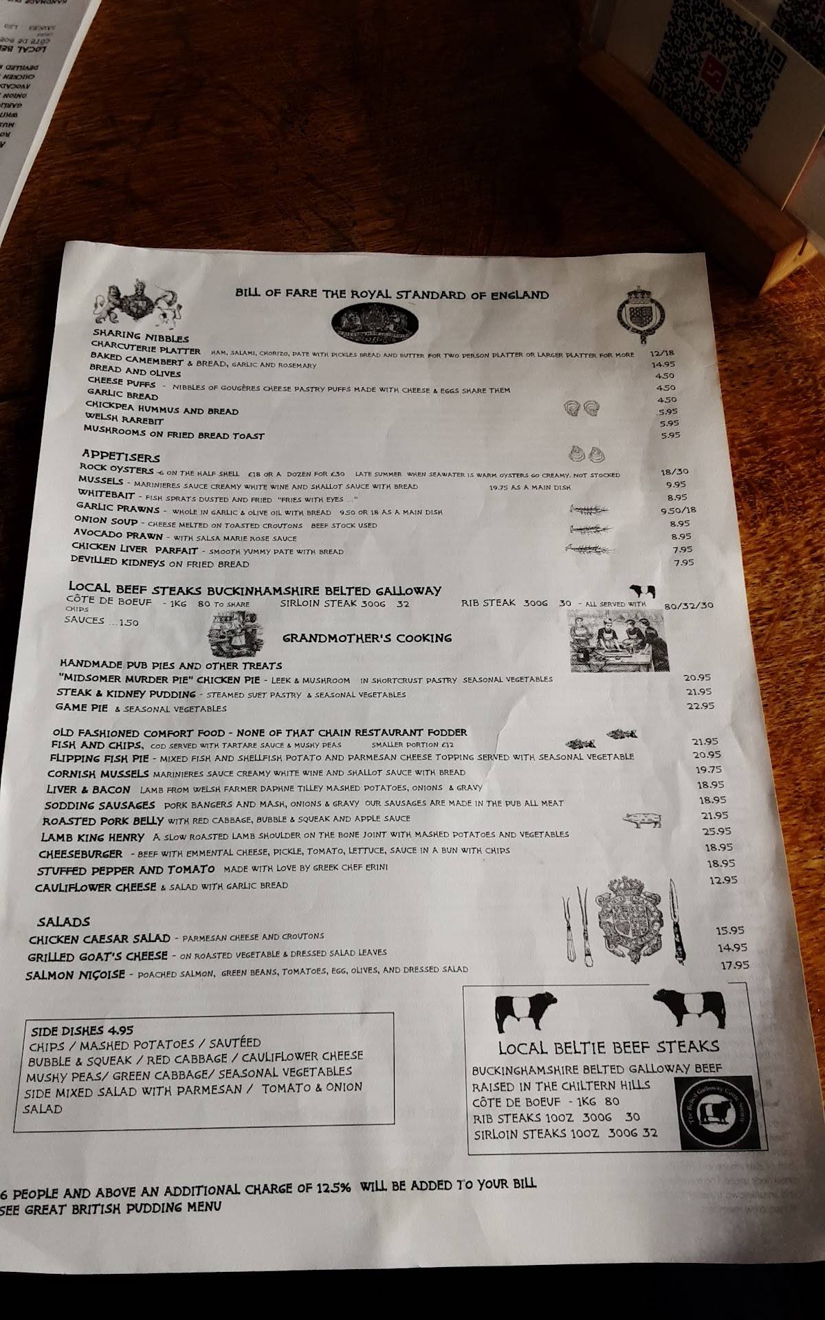 Menu at The Royal Standard of England pub & bar, Beaconsfield
