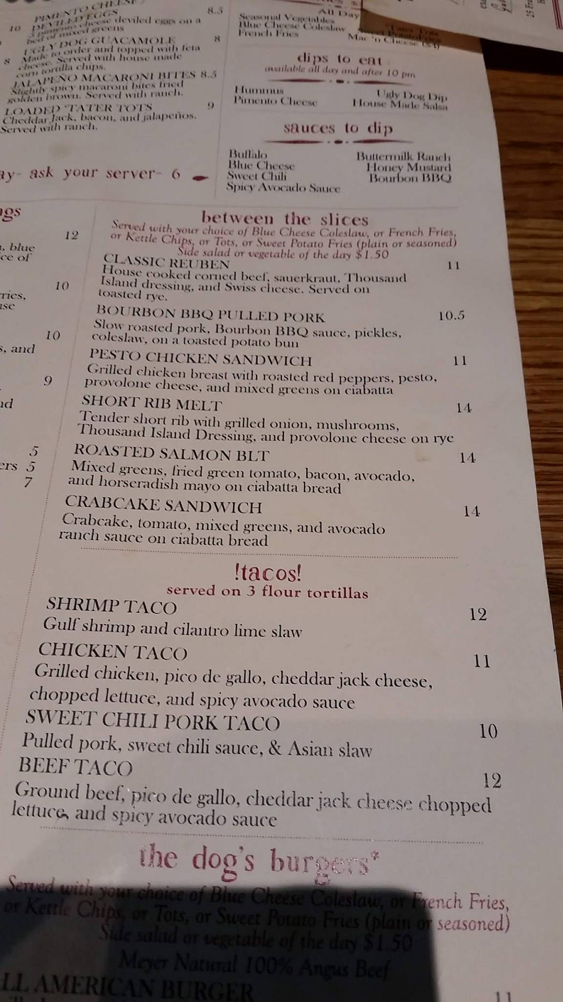 Menu at The Ugly Dog Pub-Cashiers, Cashiers