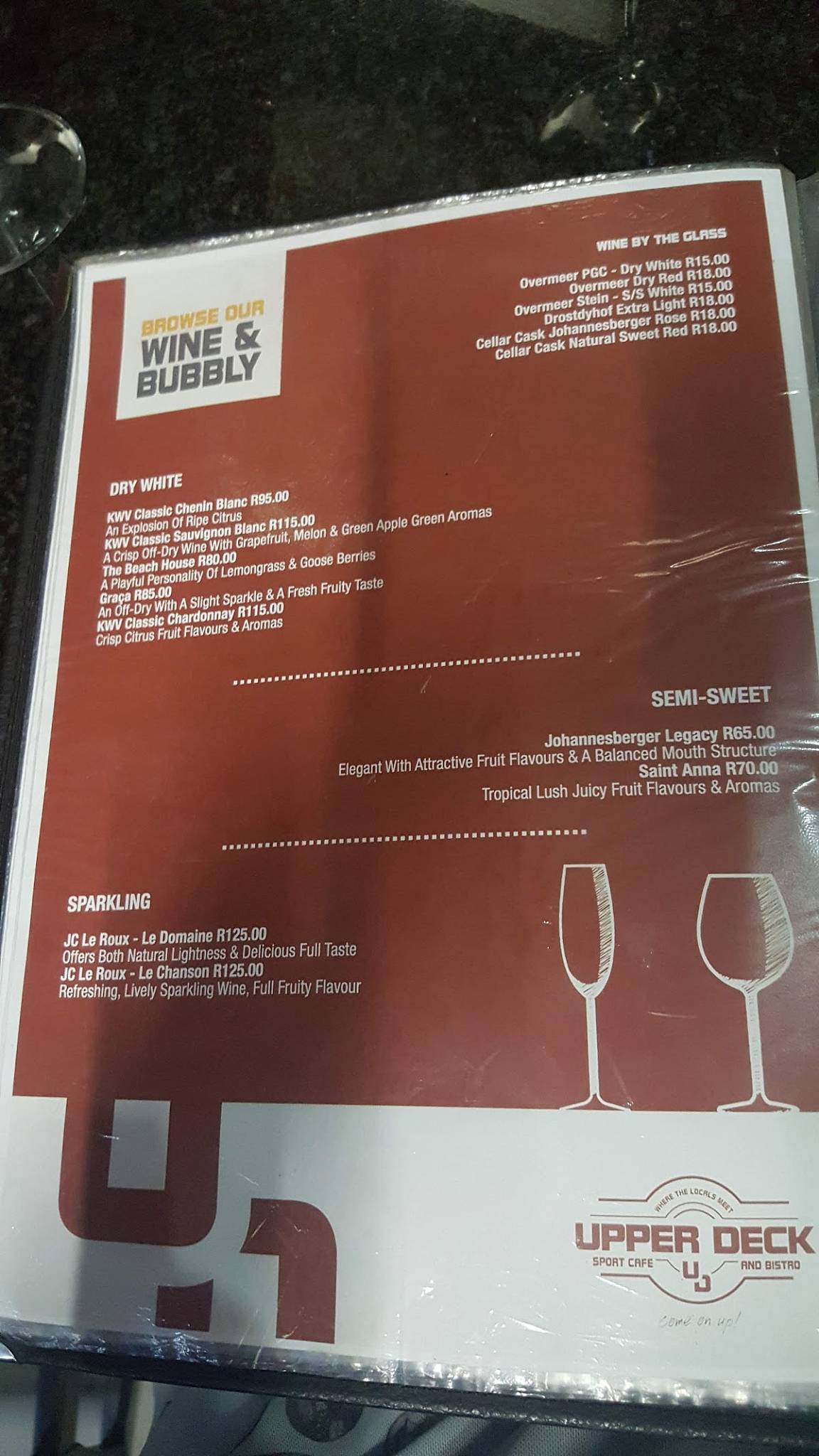 Menu at Upper Deck. pub & bar, Nelspruit