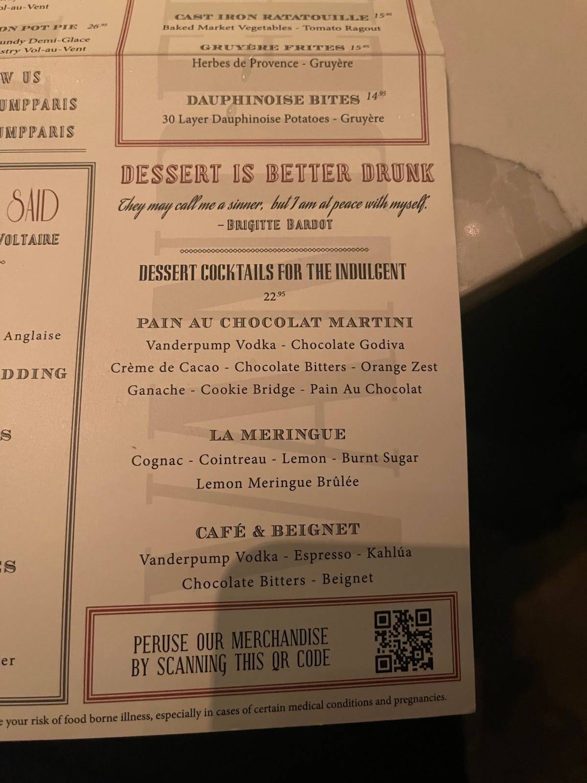 Menu at Vanderpump à Paris pub & bar, Las Vegas