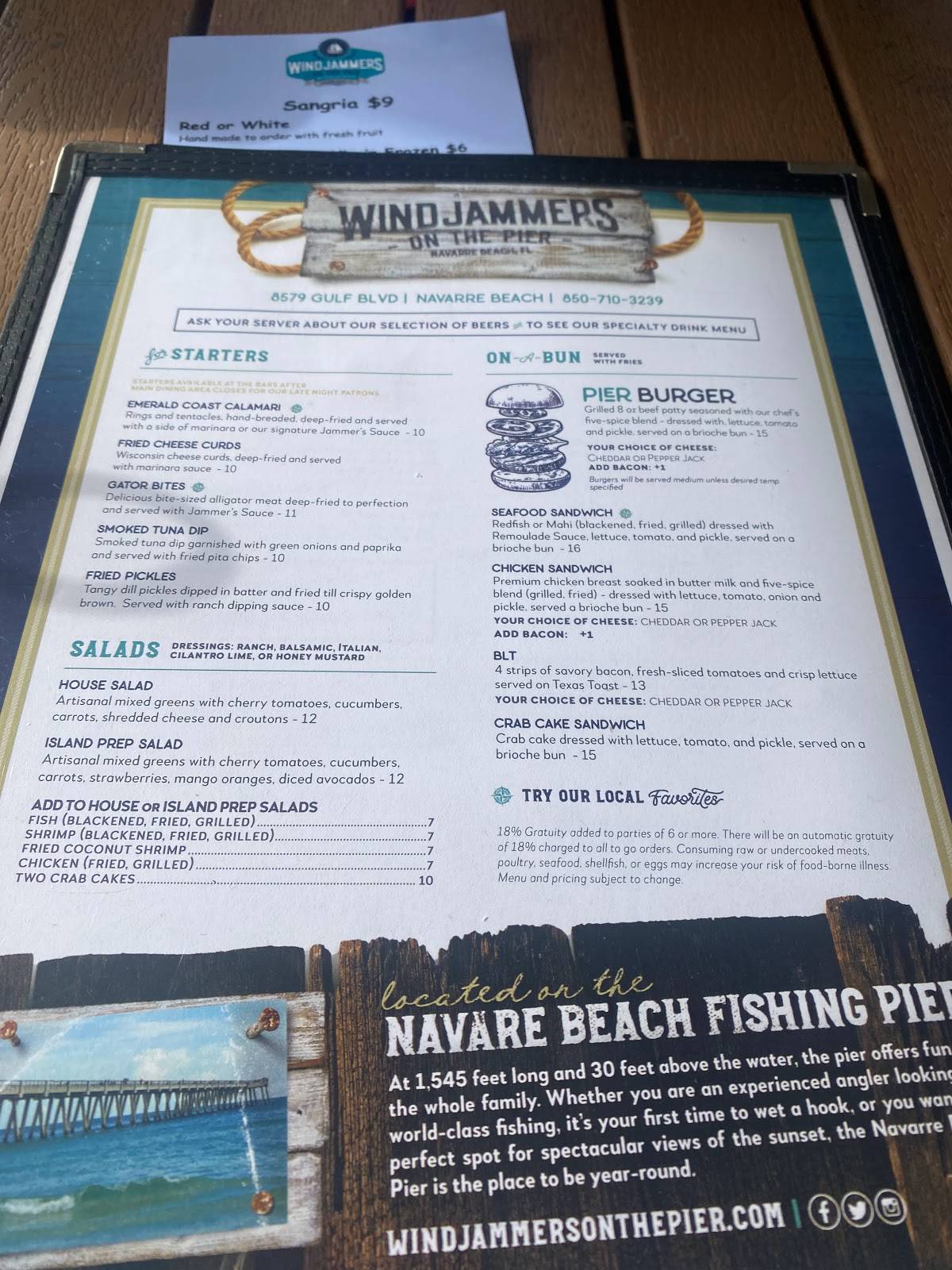 Menu at Windjammers on the Pier pub & bar, Navarre