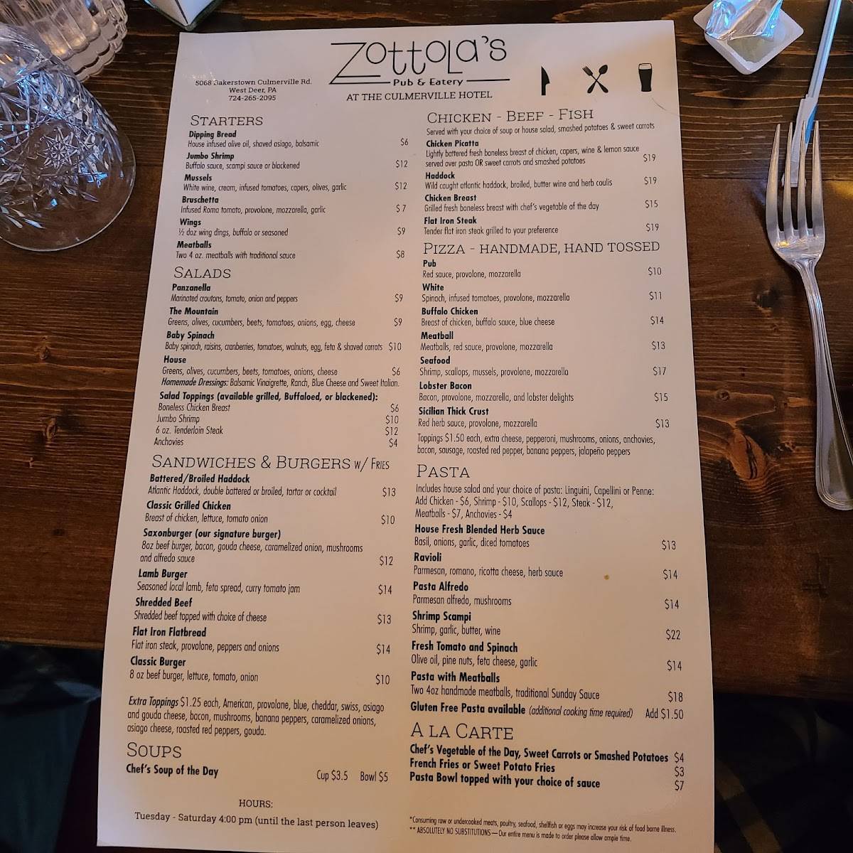 Menu at Zottola's Pub and Eatery, Curtisville
