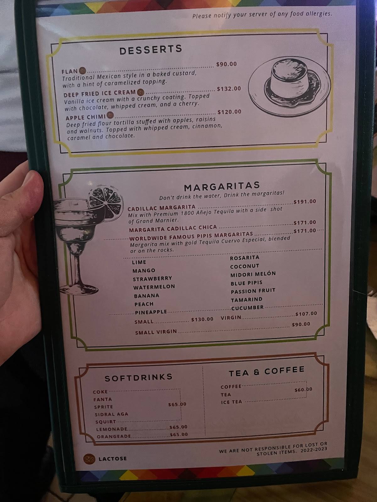 Menu at Pipis restaurant, Puerto Vallarta