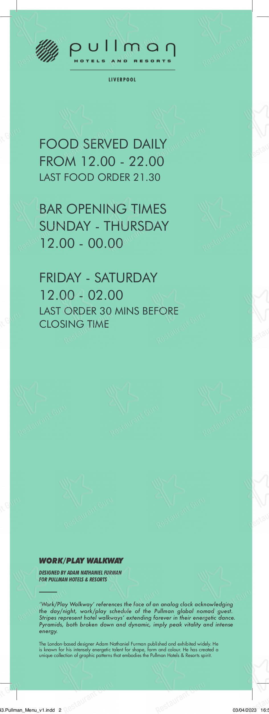 Menu at Pullman Liverpool restaurant, Liverpool
