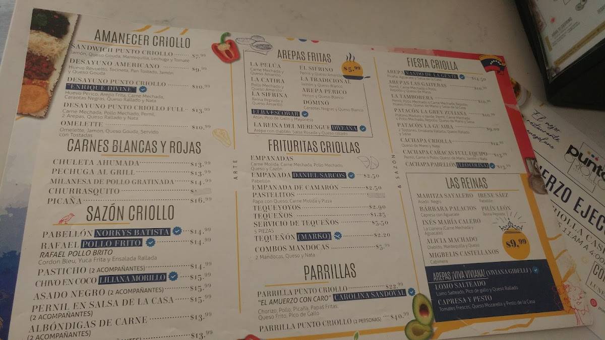 Menu at Punto Criollo restaurant, Miami