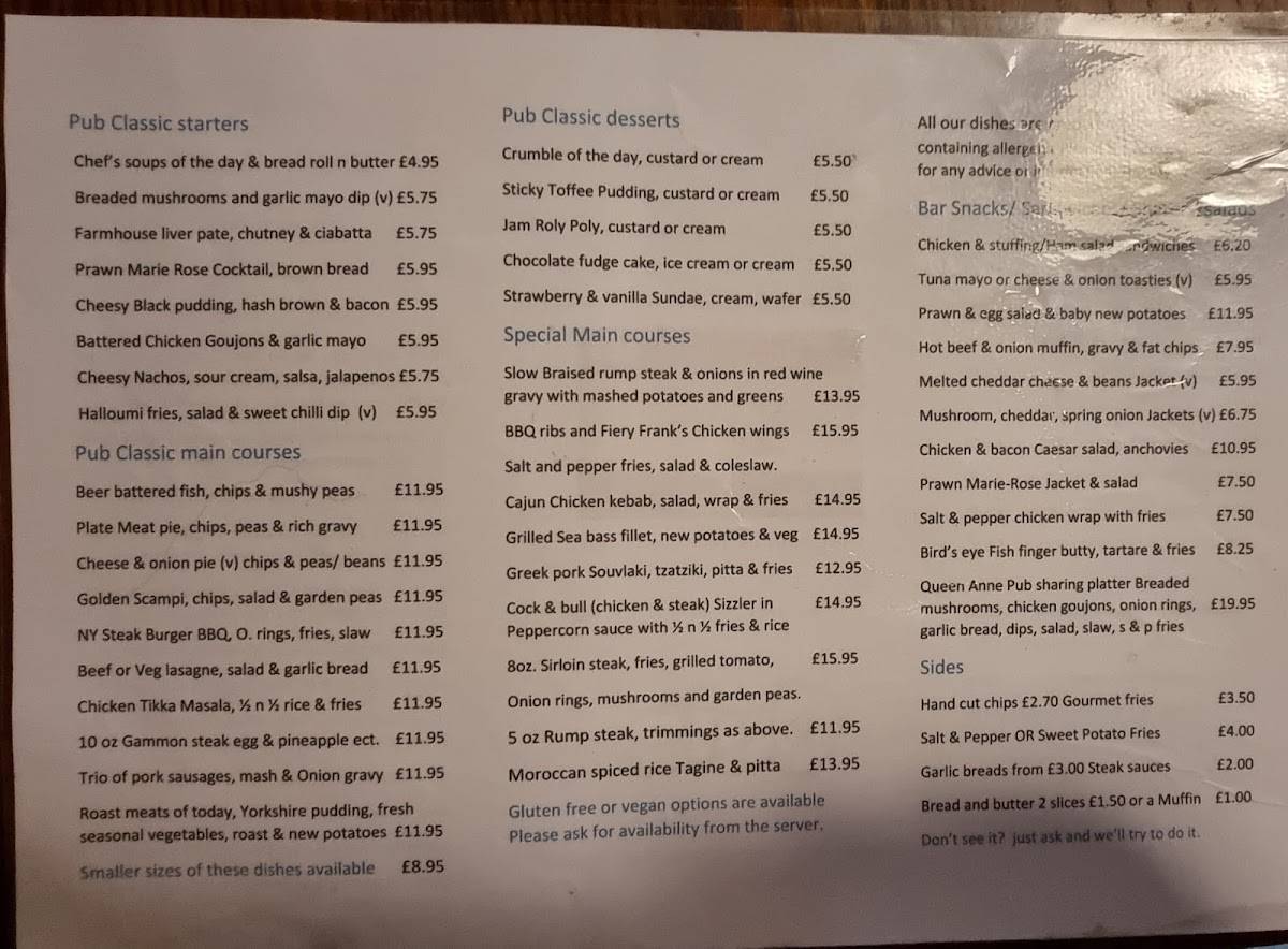 Menu at Queen Anne Inn pub & bar, Bury, 6 Hollins Ln