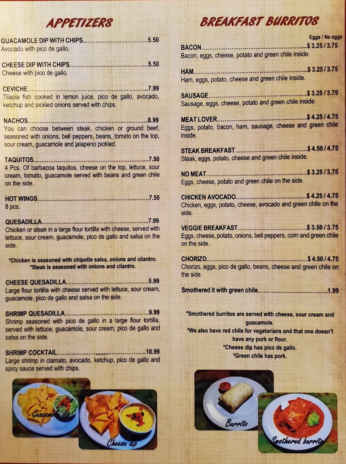 Menu at Quijotes Mexican Grill restaurant, Colorado Springs