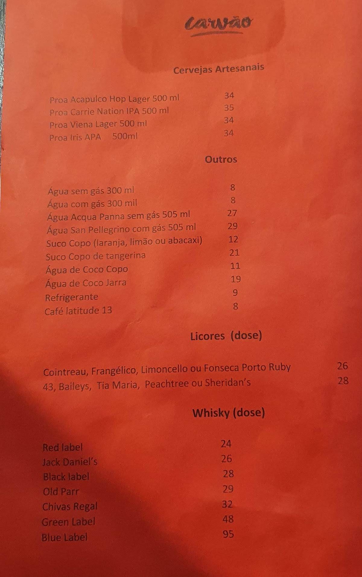 Menu at Carvão restaurant, Salvador