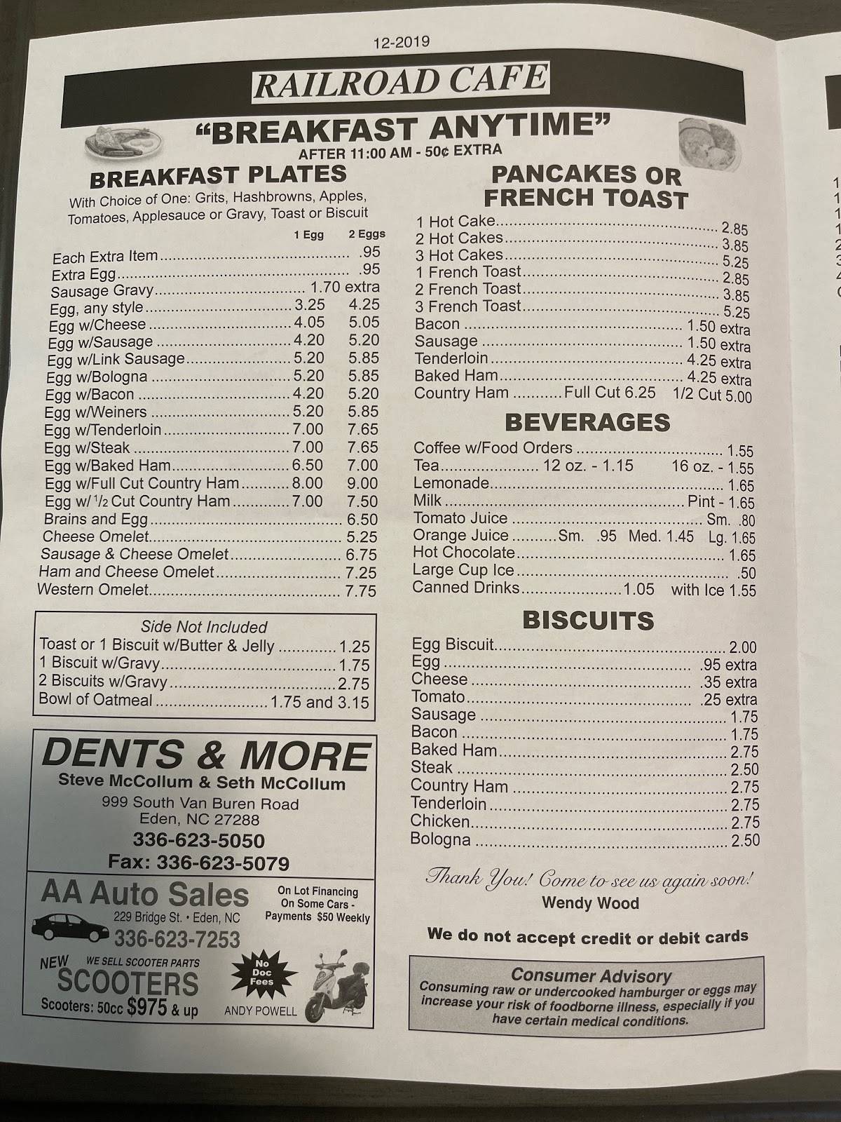 Menu at Railroad Cafe, Eden