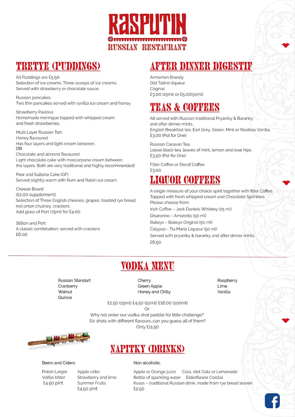 Menu at Rasputin restaurant, Swaffham