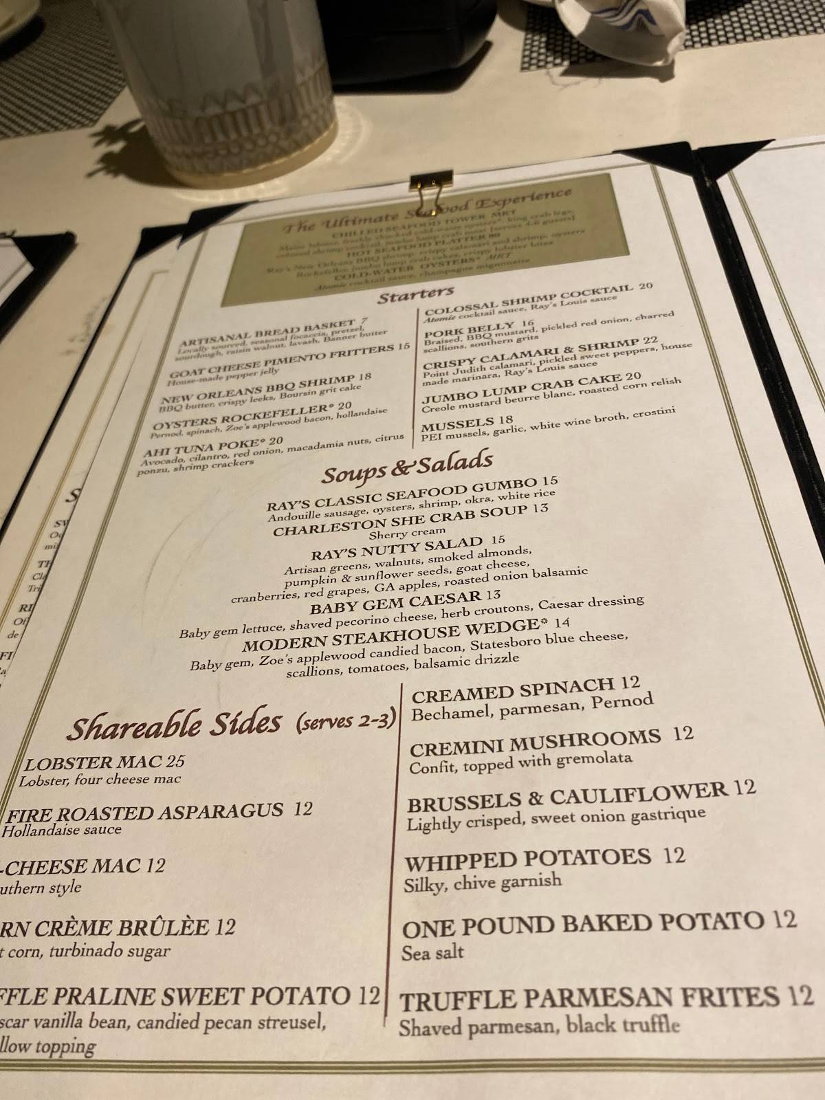 Menu at Ray's on the River steakhouse, Sandy Springs