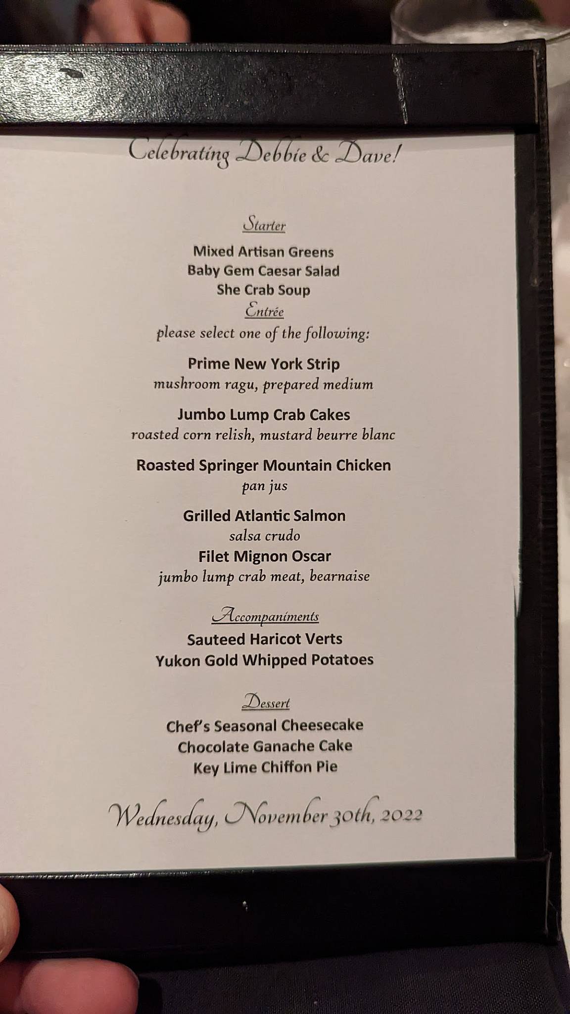 Menu at Ray's on the River steakhouse, Sandy Springs
