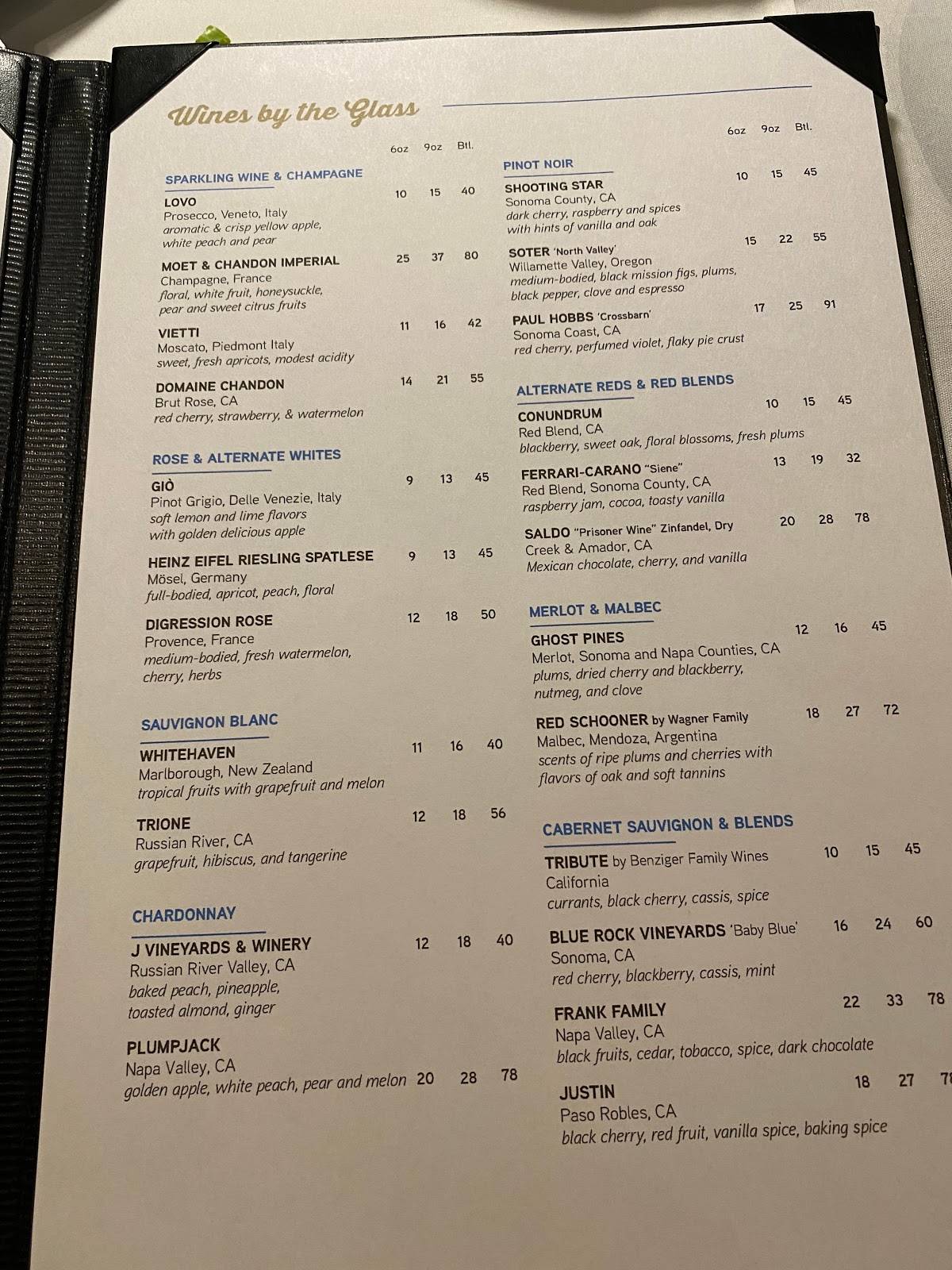 Menu at Ray's on the River steakhouse, Sandy Springs