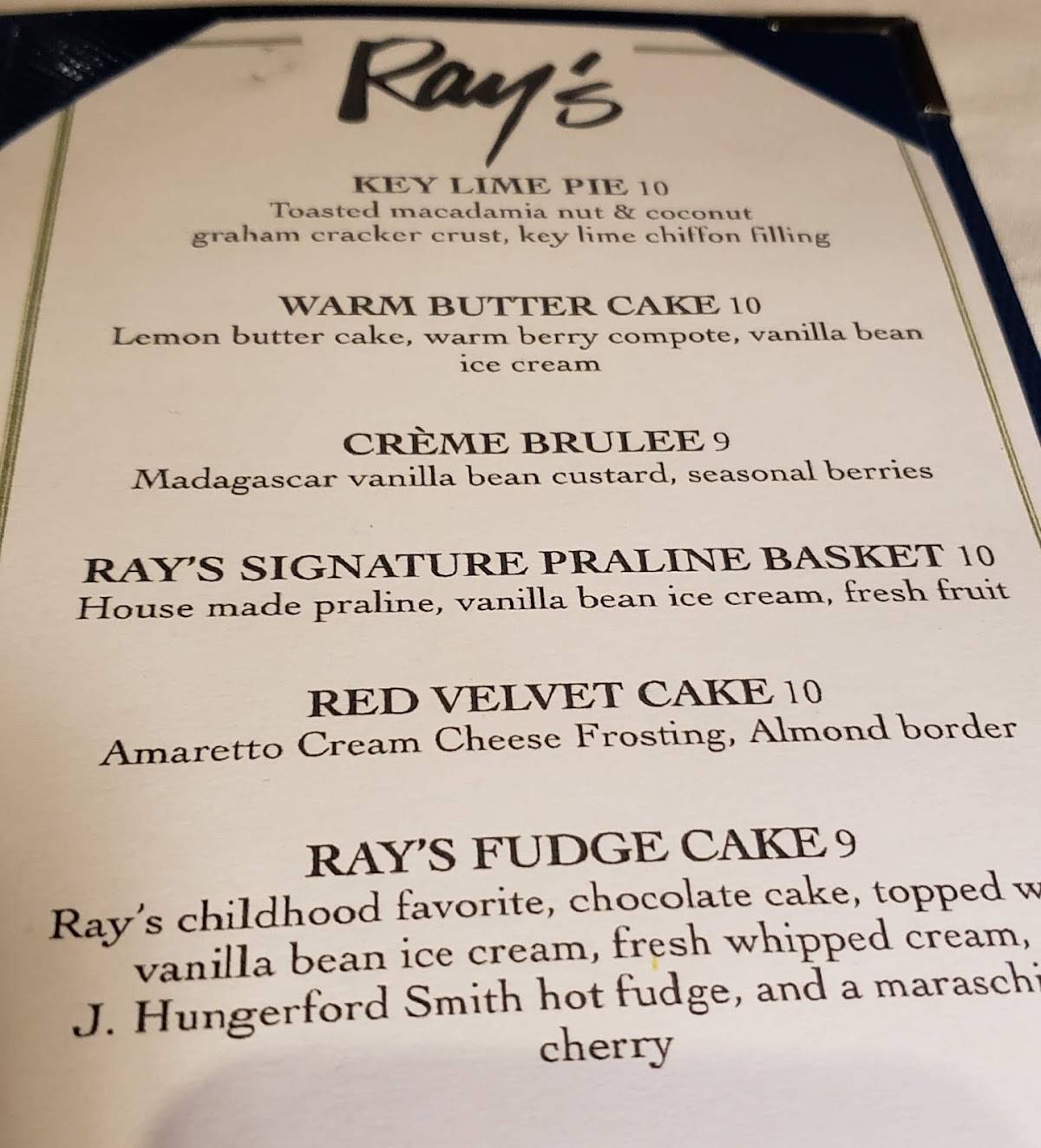 Menu at Ray's on the River steakhouse, Sandy Springs