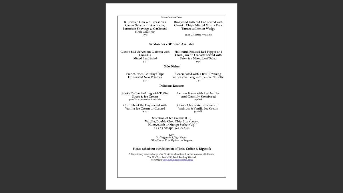 Menu at The Elm Tree pub & bar, Reading
