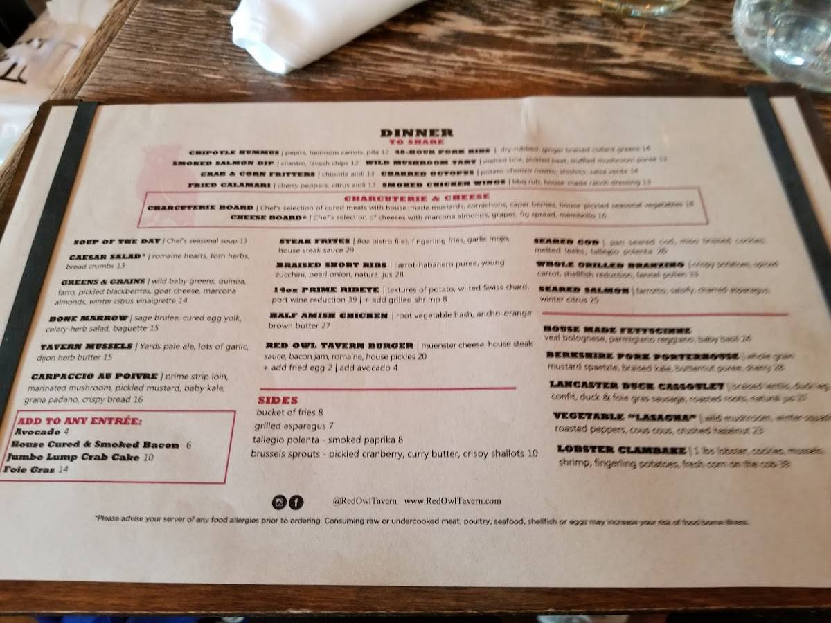 Menu at Red Owl Tavern restaurant, Philadelphia
