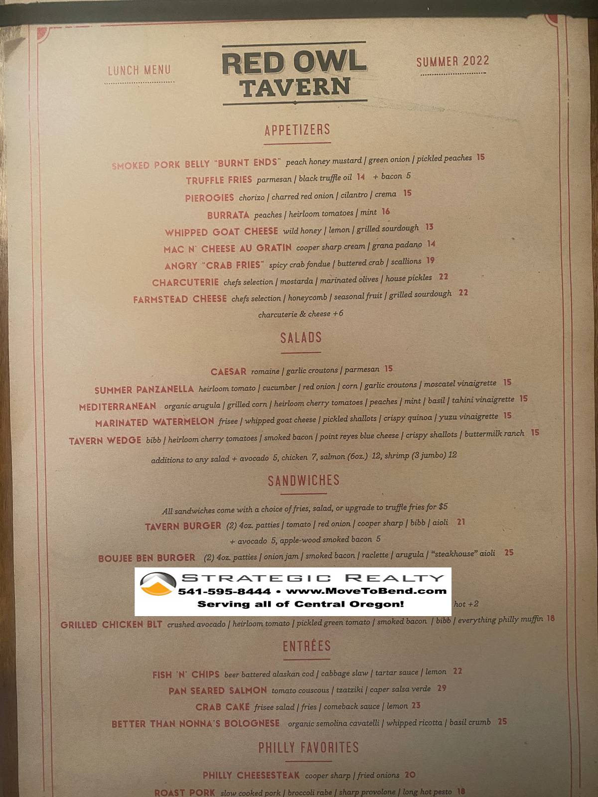 Menu at Red Owl Tavern restaurant, Philadelphia
