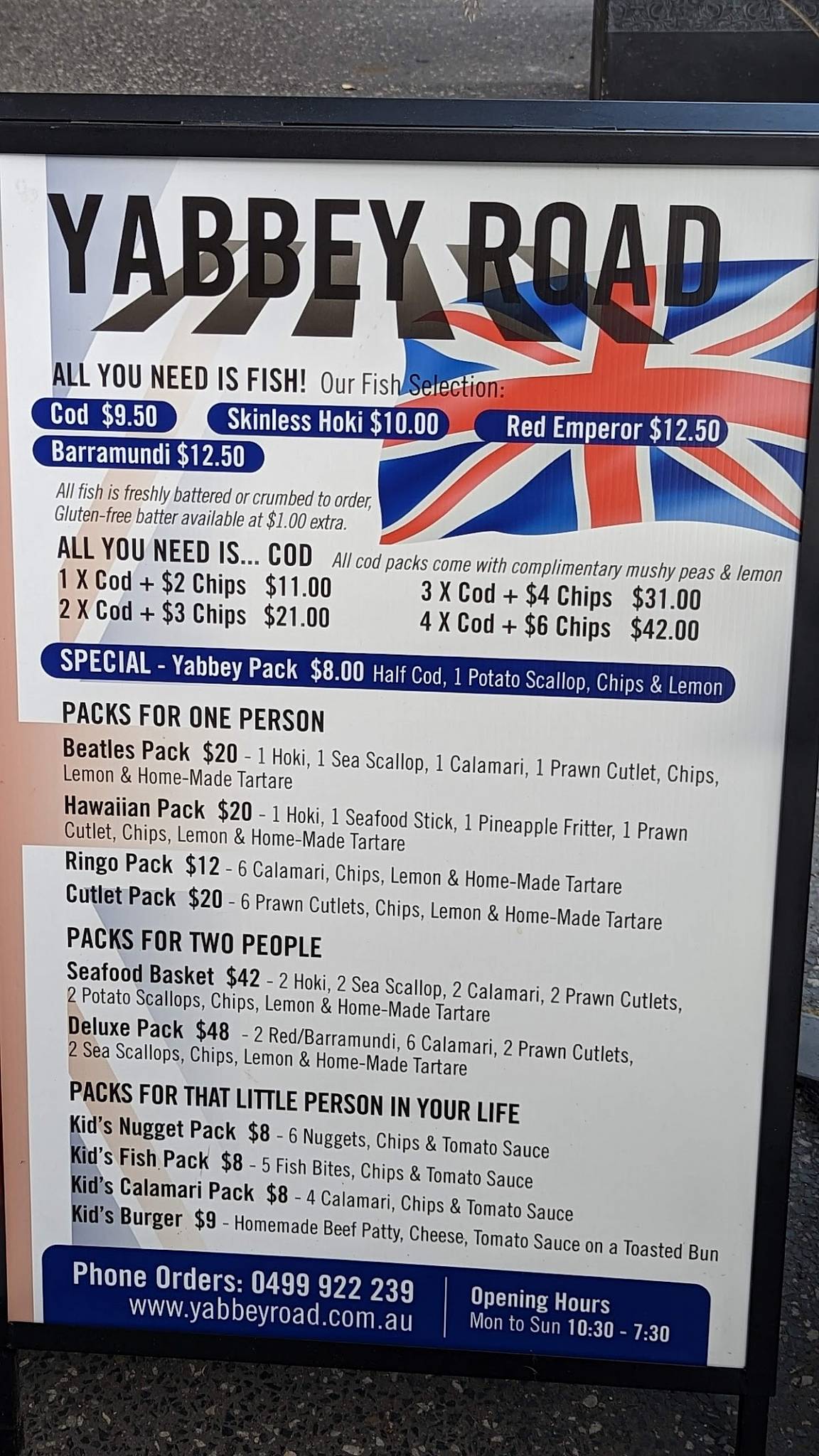 Menu at Yabbey Road restaurant, Redcliffe