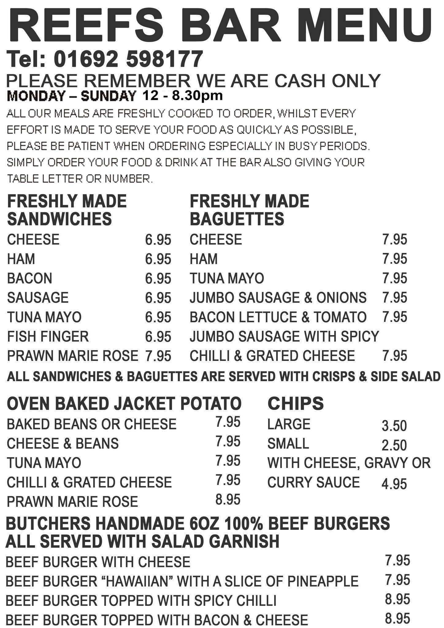 Menu at Reefs Bar, Sea Palling