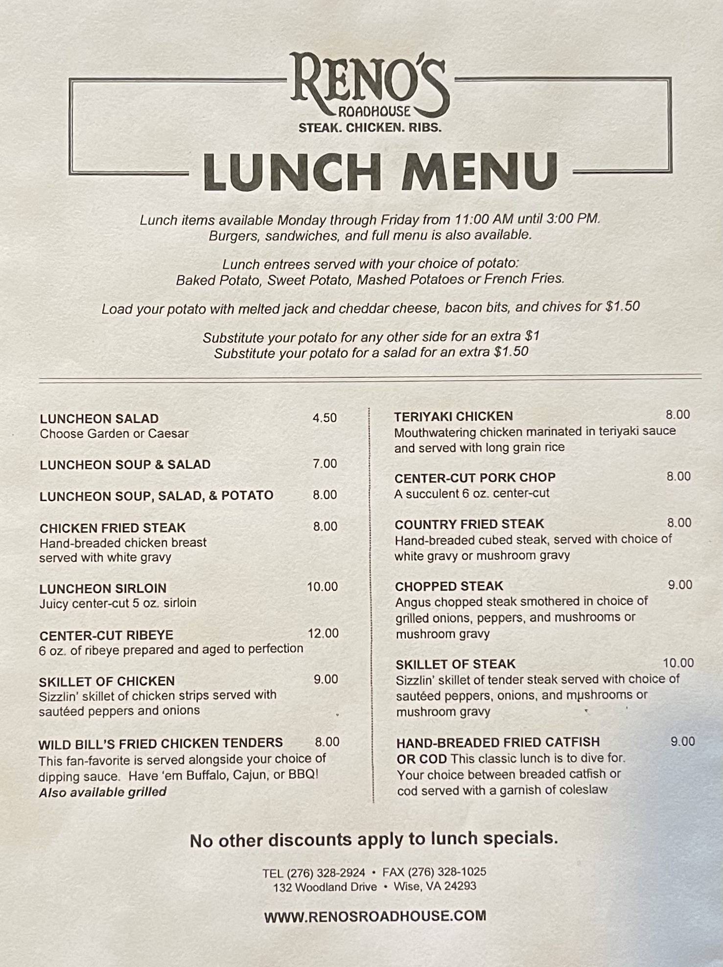 Menu at Reno's of Wise pub & bar, Wise