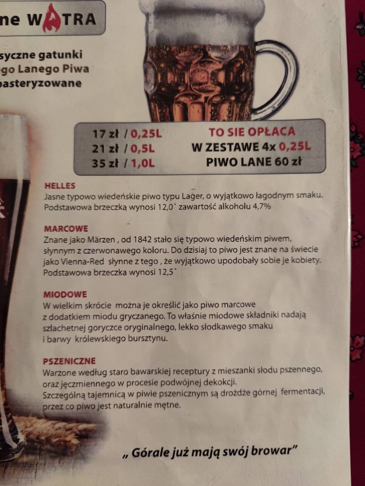 Menu at Restauracja Browar Watra Dancing pub & bar, Zakopane