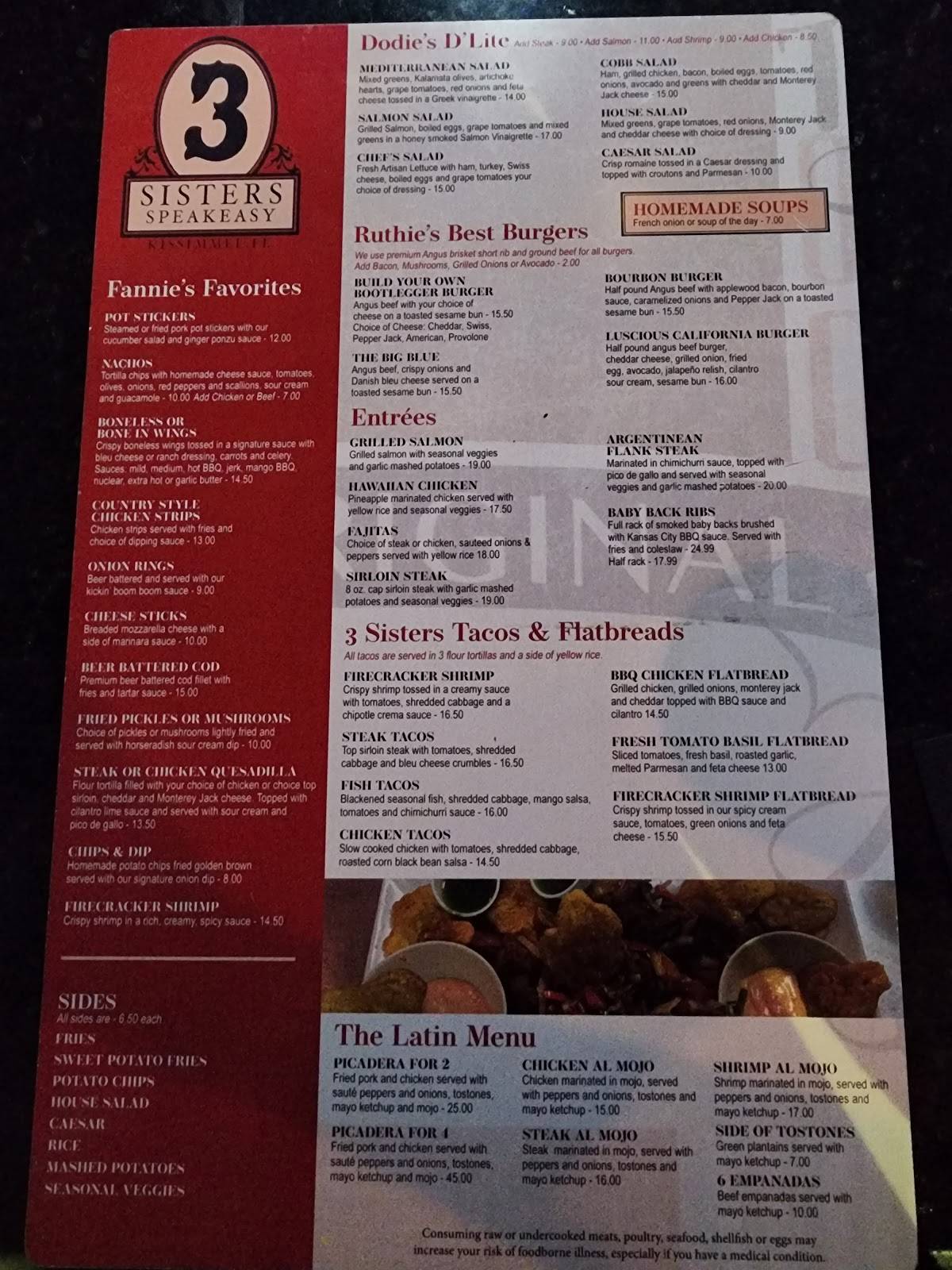 Menu at 3 Sisters Speakeasy restaurant, Kissimmee