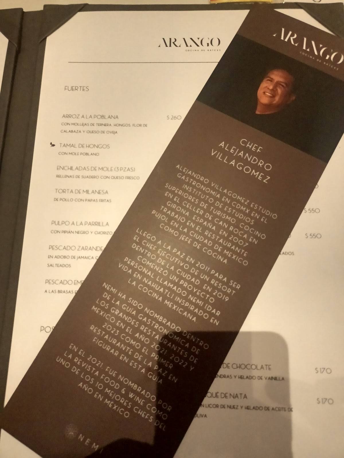 Carta del restaurante ARANGO Cocina del Raíces, Ciudad del México