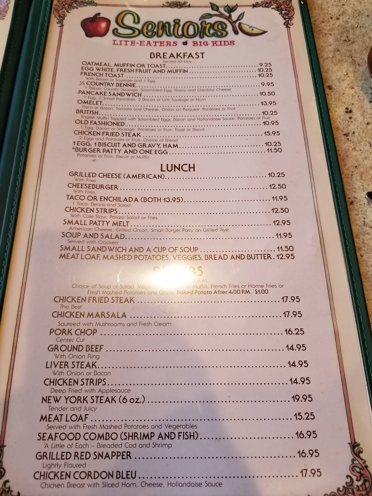 Menu at Apple Annie's restaurant, Tulare