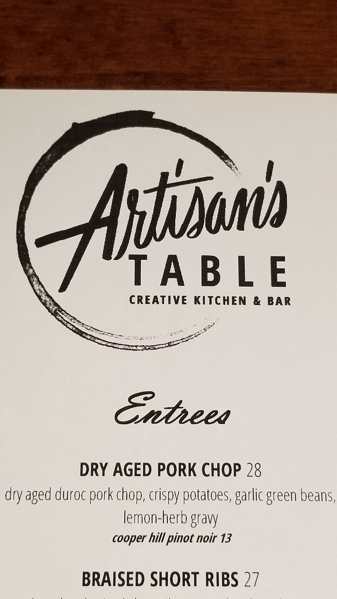 Menu at Artisan's Table restaurant, Orlando