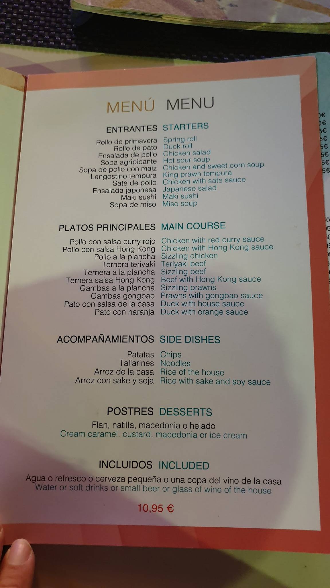 Carta del restaurante Asia Yami, Pilar del la Horadada