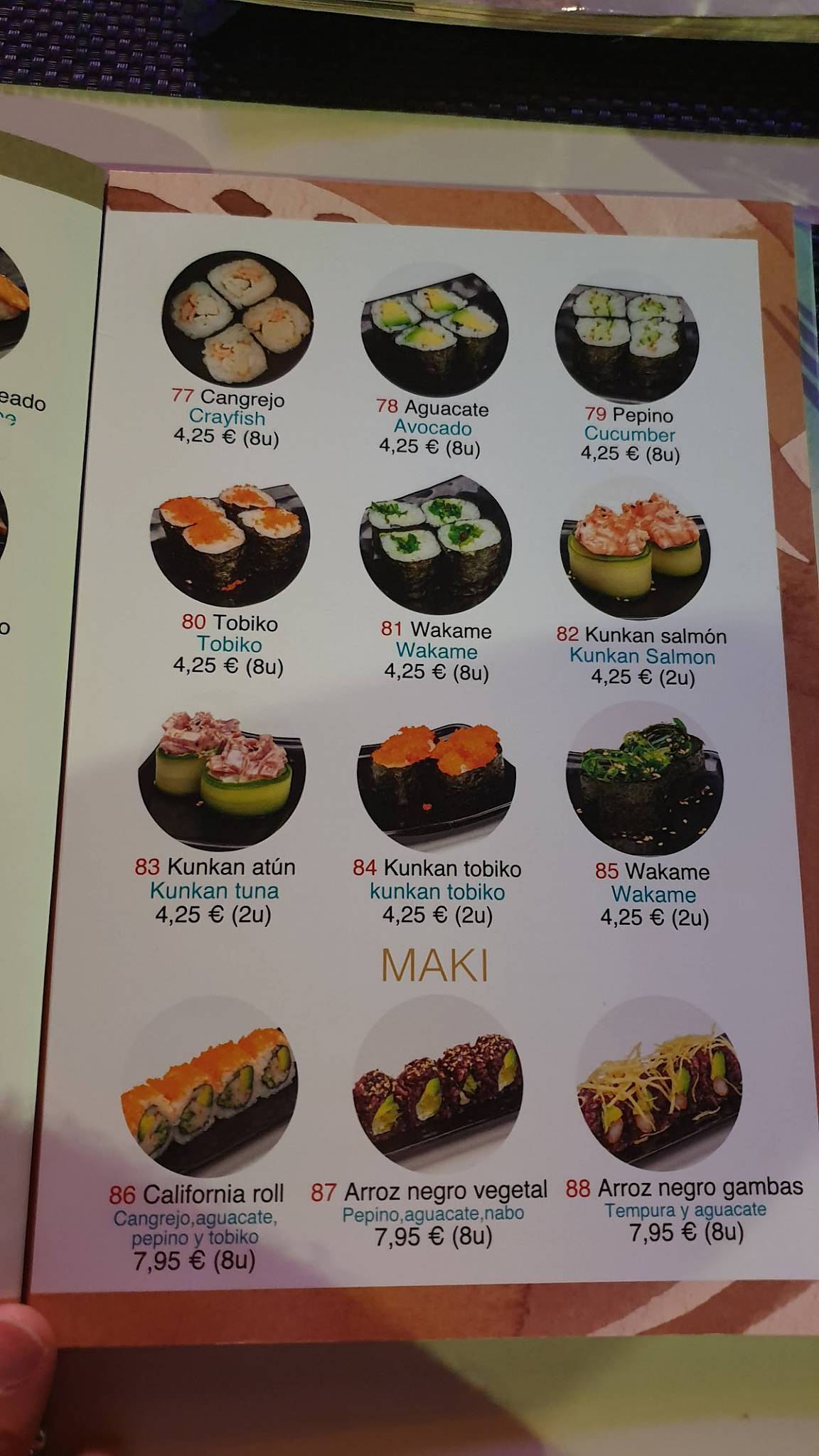 Carta del restaurante Asia Yami, Pilar del la Horadada