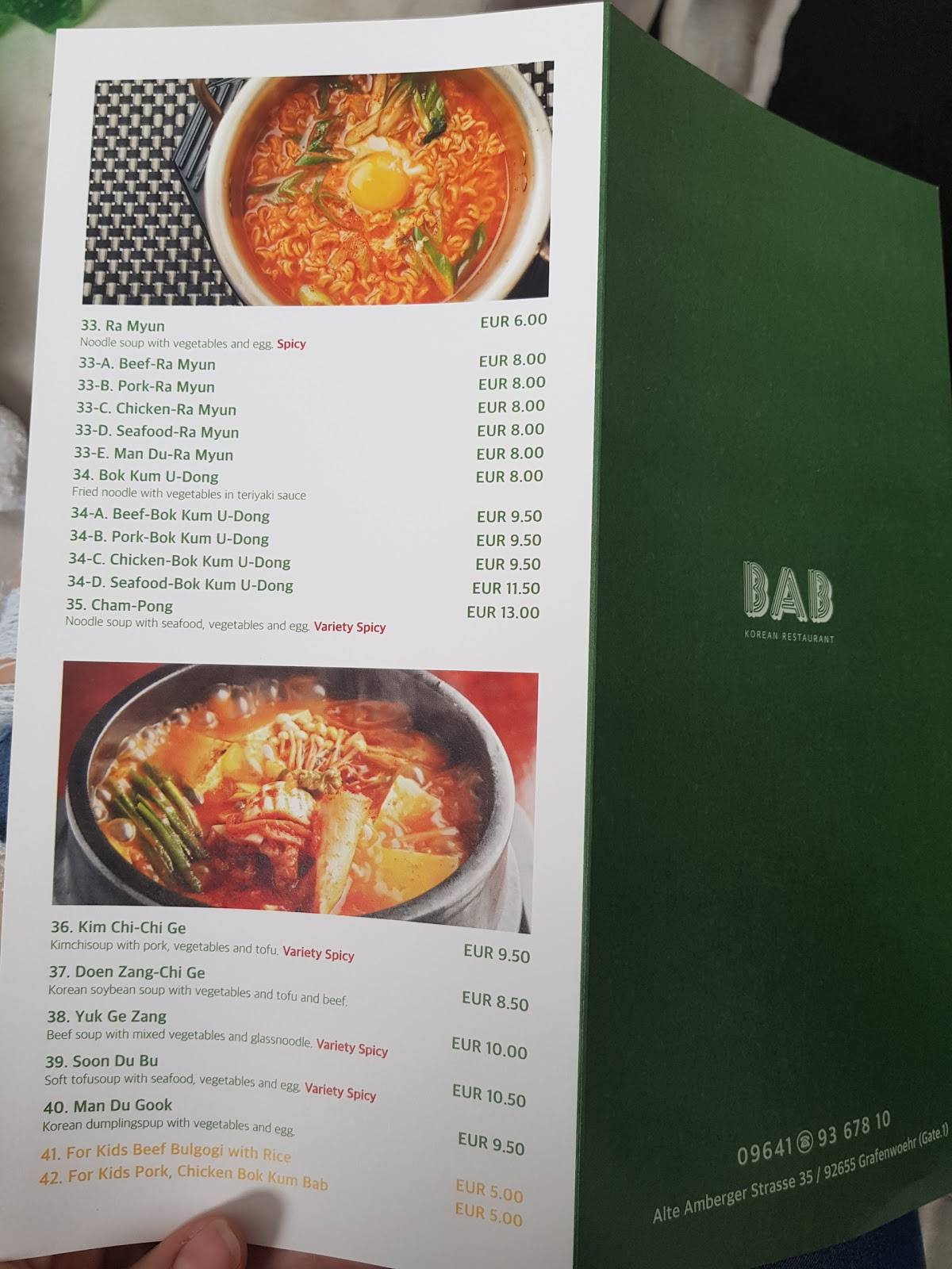 Menu at BAB Korean Restaurant, Grafenwöhr