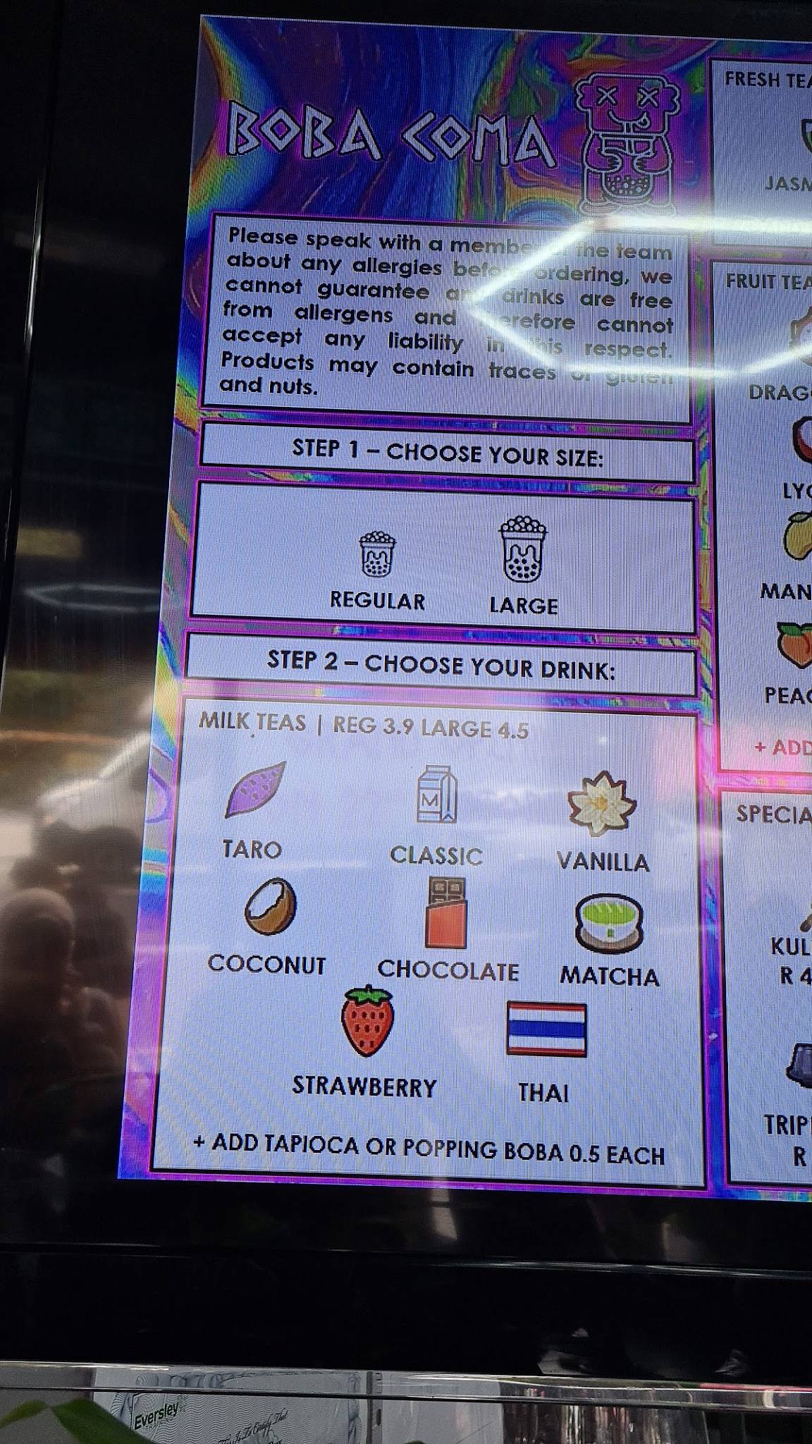 Carta de BOBA COMA Bubble Tea - Leyton, Londres