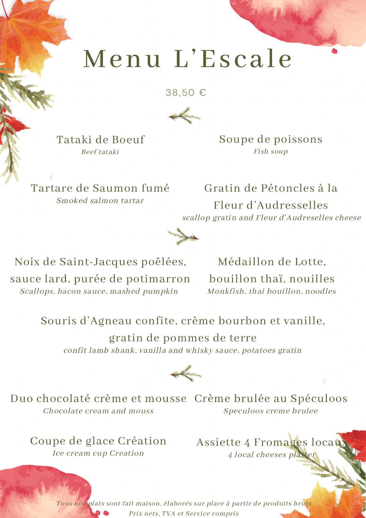 Menu au Restaurant Bar l'Escale, Escalles