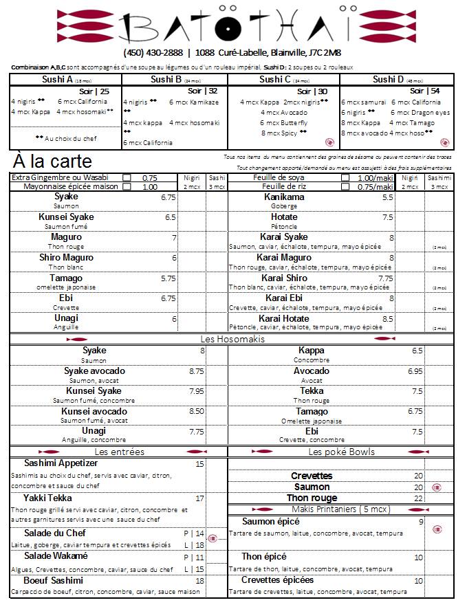 Menu au Bato Thai restaurant, Blainville, Bd Curé-Labelle