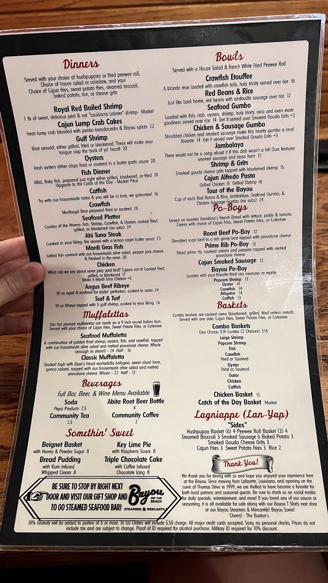 Menu at Bayou on the Beach restaurant, Panama City Beach, Hutchison Blvd