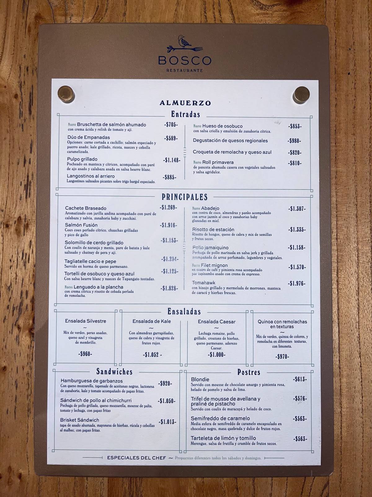 Carta de Bosco Restaurant, Mendoza