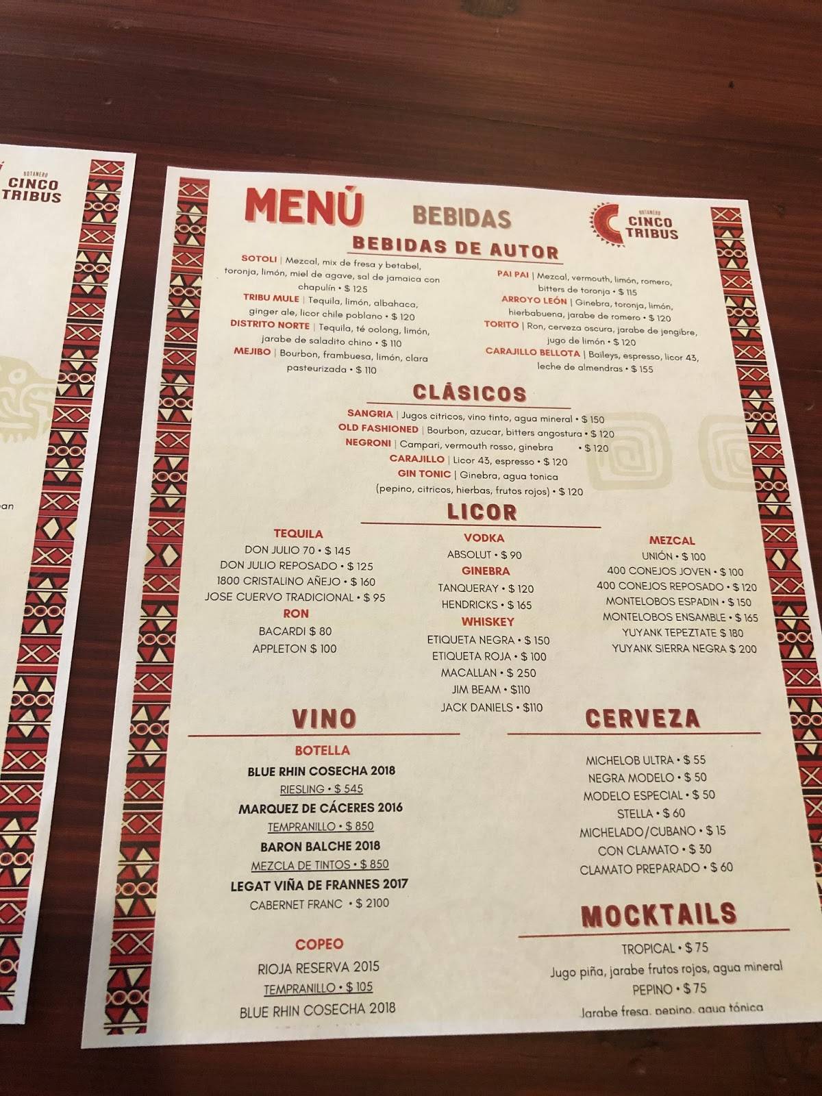 Carta del restaurante Botanero Cinco Tribus, Mexicali
